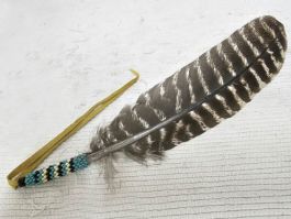 Native American Made Prayer Feather with Beaded Wrap at Kachina House