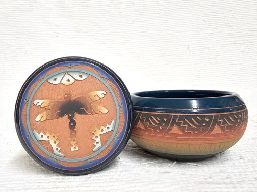 Navajo Round Jewelry Box | Native American Red Clay Box with Dragonfly ...